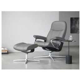 Relaxsessel stressless "Consul" Sessel Gr. Leder BATICK, Cross Base Schwarz, L, Relaxfunktion-Drehfunktion-PlusTMSystem-Gleitsystem-BalanceAdaptTM, B/H/T: 91cm x 102cm x 79cm, grau (wild dove batick) mit Hocker, Cross Base, Größe S, M & L, Holzakzent Schwarz