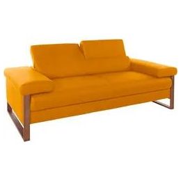 2-Sitzer W.Schillig "finn" Sofas Gr. B/H/T: 210cm x 71cm x 106cm, Stoff S37, mit Kopfteilverstellung-ohne Sitztiefenverstellung, gelb (brandy s37) German Design Award 2016, Fußgestell Nussbaum natur, Breite 210 cm