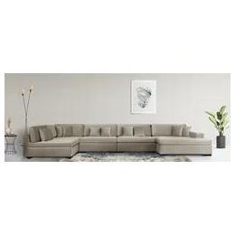 Guido Maria Kretschmer Home & Living Wohnlandschaft GUIDO MARIA KRETSCHMER HOME & LIVING "Skara U-Form" Sofas Gr. B/H/T: 390cm x 86cm x 190cm, Samtoptik, Ottomane rechts, beige (dunkelbeige) Lounge-Sofa mit Federkernpolsterung, in vielen Bezugsvarianten