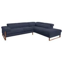 Ecksofa W.Schillig "finn" Sofas Gr. B/H/T: 281cm x 71cm x 230cm, Stoff S37, Ottomane rechts, ohne Kopfteilverstellung-ohne Sitztiefenverstellung, blau (dunkelblau s37) German Design Award 2016, Fußgestell Nussbaum natur, Breite 281 cm