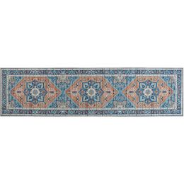 Beliani - Teppich Blau / Orange Polyester 80 x 300 cm Kurzflor Maschinengewebt Rechteckig Wohnzimmer Flur orientalisches Muster