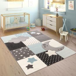 Paco Home - Kinderteppich Kinderzimmer Kariert Punkte Wolken Sterne In Pastell Blau Grau 160 cm Rund