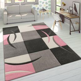 Designer Teppich Modern Konturenschnitt Pastellfarben Mit Karo Muster Beige Rosa 200x290 cm - Paco Home