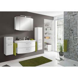 Badezimmer-Set SAPHIR "Cassca Sprint 4-teilig Mineralmarmor-Waschtisch mit LED-Spiegelschrank" Kastenmöbel-Sets Gr. B/H/T: 161 cm x 200 cm x 50,5 cm, 1 Mineralmarmor-Waschtisch weiß-1 Waschtischunterschrank mit 2 Auszügen-1 Spiegelschrank mit 3 Drehtüren-1 Aufsatzleuchte-1 Unterschrank mit 1 Drehtür, 1 Auszug-1 Midischrank mit 1 Drehtür, 2 Auszügen, weiß (weiß hochglanz, glanz) Bad-Sparsets Midisc