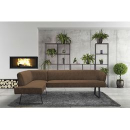 Eckbank exxpo - SOFA FASHION "Americano" Sitzbänke Gr. B/H/T: 270 cm x 83 cm x 197 cm, Antiklederoptik, langer Schenkel rechts, braun (cognac) mit Keder und Metallfüßen, Bezug in verschiedenen Qualitäten