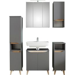 Badmöbel-Set SAPHIR "Quickset 5-teilig, Waschbeckenunterschrank mit LED-Spiegelschrank" Kastenmöbel-Sets grau (quarzgrau matt touch, quarzgrau matt, akzent riviera eiche quer nb) Midischrank, Unterschrank, Hängeschrank, inkl. Türdämpfer, 9 Türen