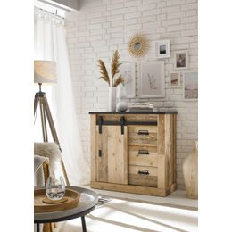 Kommode Home Affaire "SHERWOOD" Sideboards Gr. B/H/T: 93 cm x 91 cm x 43 cm, 3 St., braun (old style hell dekor) Kombikommode Holz Dekor, mit Scheunentorbeschlag und Apothekergriffen, Breite 92 cm