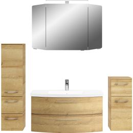 Badezimmer-Set SAPHIR "Cassca Sprint 4-teilig Mineralmarmor-Waschtisch mit LED-Spiegelschrank" Kastenmöbel-Sets Gr. B/H/T: 161 cm x 200 cm x 50,5 cm, 1 Mineralmarmor-Waschtisch weiß-1 Waschtischunterschrank mit 2 Auszügen-1 Spiegelschrank mit 3 Drehtüren-1 Aufsatzleuchte-1 Unterschrank mit 1 Drehtür, 1 Auszug-1 Midischrank mit 1 Drehtür, 2 Auszügen, braun (riviera eiche quer nachbildung) Bad-Spars