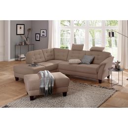 Ecksofa Home Affaire "Trondheim L-Form", beige (dunkelbeige), B:260cm H:89cm T:214cm, Struktur fein (100% Polyester);Flachgewebe (100% Polyester);Luxus-Microfaser (90% Polyester, 10% Polyamid), Sofas, Ecksofa, mit Federkern und Knopfheftung im R&uuml;cken, F&uuml;&szlig;e Buche dunkel