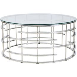 Couchtisch Salesfever Tische Gr. B/H/T: 90 cm x 42 cm x 90 cm, mit Design-Gestell in Stainless Steel, silberfarben (silber, silber, klar) Couchtische rund oval Gestell gefertigt aus rostfreiem Edelstahl