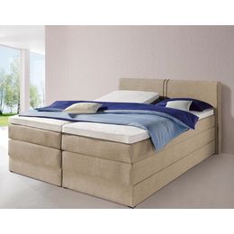Boxspringbett Hapo, beige (beige, strukturstoff), Liegefläche B/L: 200cm x 200cm, kein Härtegrad, 7-Zonen-Kaltschaummatratze, Kopfteil, seitliche Unterbox und Obermatratze sind mit pflegeleichtem Feinstrukturstoff in Leinenoptik (100% Polyester) oder Kunstleder bezogen;Die Oberseite der Unterfederung und die Ober- und Unterseite der Obermatratze sind jeweils mit einem rutschhemmenden Stoff aus 100