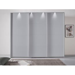 Schwebetürenschrank Rauch "Oteli" Schränke Gr. B/H/T: 278 cm x 233 cm x 68 cm, mit Beleuchtung, 3 St., grau (seidengrau) inkl. Passepartout optional mit Beleuchtung