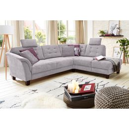 Ecksofa Home Affaire "Trondheim L-Form", silber, B:260cm H:89cm T:214cm, Struktur fein (100% Polyester);Flachgewebe (100% Polyester);Luxus-Microfaser (90% Polyester, 10% Polyamid), Sofas, Ecksofa, mit Federkern und Knopfheftung im R&uuml;cken, F&uuml;&szlig;e Buche dunkel