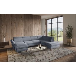 Wohnlandschaft Home Affaire "Calypso U-Form", grau (grau, blau), B:334cm H:85cm T:227cm, 100%Polyester, Sofas, Wohnlandschaft, wahlweise mit motorischer Relaxfunktion