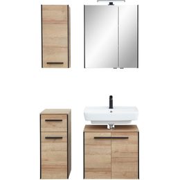 Badmöbel-Set SAPHIR "Quickset 395 4-teilig, Waschbeckenunterschrank mit LED-Spiegelschrank", braun, Riviera Eiche quer Nachbildungmit schwarzem L-Profil vorne, Kastenmöbel-Sets, Unterschrank, Hängeschrank inkl. Türdämpfer, 6 Türen, 1 Schublade