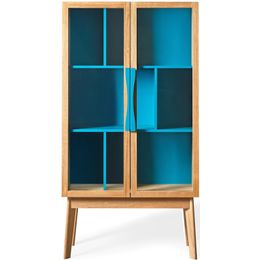 Bücherregal WOODMAN "Hilla" Regale blau (natur, blau) Bücherregale Breite 88 cm, Türen mit Glaseinsätzen, Holzfurnier aus Eiche