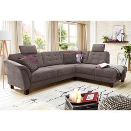 Ecksofa Home Affaire "Trondheim L-Form", grau (taupe), B:260cm H:89cm T:214cm, Struktur fein (100% Polyester);Flachgewebe (100% Polyester);Luxus-Microfaser (90% Polyester, 10% Polyamid), Sofas, Ecksofa, mit Federkern und Knopfheftung im R&uuml;cken, F&uuml;&szlig;e Buche dunkel