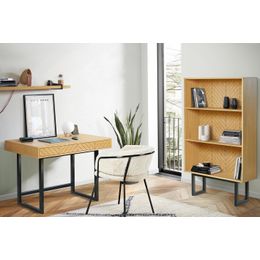 Schreibtisch WOODMAN "Camden" Tische Gr. B/H/T: 110 cm x 76 cm x 55 cm, braun (eiche, schwarz) skandinavisches Design, praktisch ausziehbar mit Push-to-Open-Funktion