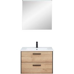 Badmöbel-Set SAPHIR "Quickset 395 2-teilig, Keramik-Waschtisch mit LED-Spiegel, 75 cm breit" Kastenmöbel-Sets Gr. Riviera Eiche quer Nachbildung mit schwarzem L-Profil vorne, braun Bad-Sparsets Waschplatz mit 2 Schubladen, Riviera Eiche quer Nachbildung, Bad-Set