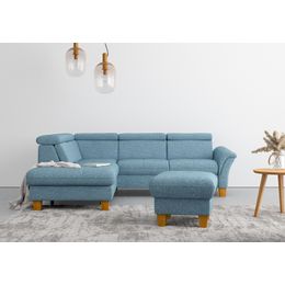Ecksofa Home Affaire "Lindgren L-Form", blau (eisblau), B:249cm H:84cm T:217cm, 100% Polyester, Sofas, Ecksofa, wahlweise mit TV-Funktion, Stauraum und Kopfteilverstellung