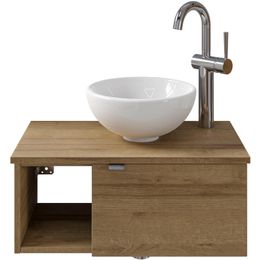 Waschtisch SAPHIR "Serie 6915 Waschschale mit Unterschrank für Gästebad, Gäste WC" Waschtische Gr. Türanschlag rechts-Armatur rechts, braun (riviera eiche, riviera eiche quer nb) Waschtische 61 cm mit Keramik-Aufsatzbecken, 1 Tür und Fach