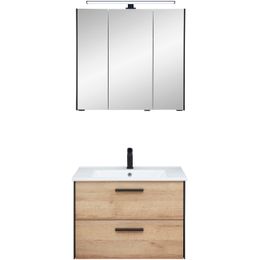 Badmöbel-Set SAPHIR "Quickset 395 2-teilig, Keramik-Waschtisch mit LED-Spiegelschrank" Kastenmöbel-Sets Gr. Riviera Eiche quer Nachbildung mit schwarzem L-Profil vorne, braun Bad-Sparsets Waschplatz 75 cm breit, 3 Türen, 2 Schubladen, Bad-Set