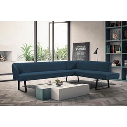 Eckbank exxpo - SOFA FASHION "Americano" Sitzbänke Gr. B/H/T: 249 cm x 83 cm x 157 cm, Webstoff, langer Schenkel links, blau (denim) Eckbänke mit Keder und Metallfüßen, Bezug in verschiedenen Qualitäten