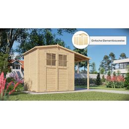 Gartenhaus Konifera "Alto 3 PLUS Fineline Satteldach" Gartenhäuser Gr. ohne Fußboden, ohne Rück- und Seitenwand, beige (naturbelassen) Gartenhäuser aus Holz mit Anbaudach