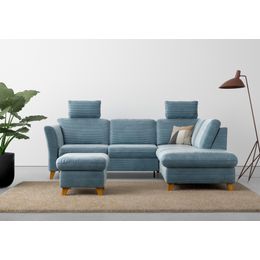 Ecksofa Home Affaire "Trelleborg L-Form", blau (blau, grau), B:252cm H:86cm T:213cm, 100% Polyester, Sofas, Ecksofa, wahlweise mit Bettfunktion und Bettkasten, inkl. Federkern-Polsterung