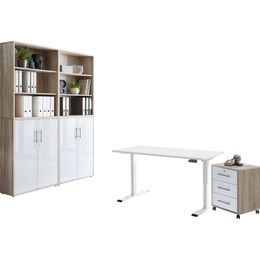 Büromöbel-Set BMG MÖBEL "Tabor" Arbeitsmöbel-Sets weiß (eiche sonoma, hochglanz, tisch weiß) Büromöbel-Sets mit elektrisch höhenverstellbarem Schreibtisch