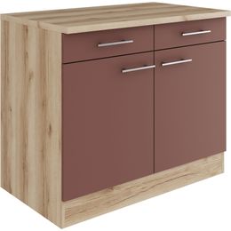 Unterschrank Optifit "Bella" Schränke Gr. B/H/T: 100 cm x 84,8 cm x 60 cm, 2 St., rot (rostrot, wildeiche, wildeiche) Unterschränke Breite 100 cm, mit 2 Türen und Schubkästen