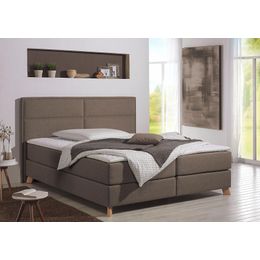Boxspringbett Home Affaire "Caria", braun (hellbraun), B:151cm L:209cm, Strukturstoff-Bezug (100% Polyester);Topperbezug 100% Polyester, Komplettbetten, Boxspringbett, in 5 Breiten, 3 Matratzen-Ausf&uuml;hrungen, 2 H&auml;rtegraden, Topper