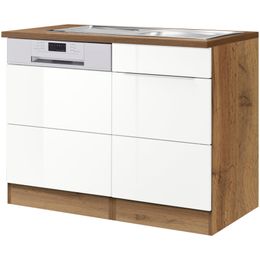 Spülenschrank KOCHSTATION "KS-Brindisi", weiß (weiß hochglanz, wotaneichefarbe), B:110cm H:85cm T:60cm, MDF, Holzwerkstoff, Schränke, 110 cm breit, inkl. Möbeltür für Geschirrspüler sowie Einbauspüle