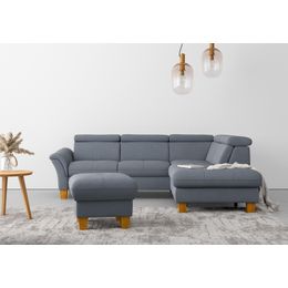 Ecksofa Home Affaire "Lindgren L-Form", blau (hellblau), B:249cm H:84cm T:217cm, 100% Polyester, Sofas, Ecksofa, wahlweise mit TV-Funktion, Stauraum und Kopfteilverstellung