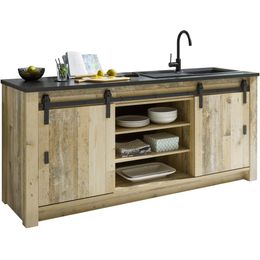 Spülenschrank Home Affaire "Sherwood", braun (old style hell dekor), B:201cm H:93cm T:64cm, Holzwerkstoff, Schränke, Breite 201 cm, mit Scheunentorbeschlag aus Metall