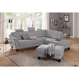 Ecksofa Home Affaire "Trondheim L-Form", grau, B:260cm H:89cm T:214cm, Struktur fein (100% Polyester);Flachgewebe (100% Polyester);Luxus-Microfaser (90% Polyester, 10% Polyamid), Sofas, Ecksofa, mit Federkern und Knopfheftung im R&uuml;cken, F&uuml;&szlig;e Buche dunkel
