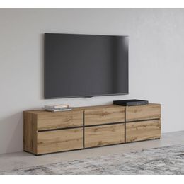 Lowboard Inosign "Cross, moderne grifflose TV-Kommode,3 Klappen/3 Schubkästen" Sideboards Gr. B/H/T: 180 cm x 48,2 cm x 40 cm, wotan eiche/wotan eiche-schwarz, 3, braun (wotan eiche, wotan eiche) Lowboards Breite 180 cm, TV-Schrank mit viel Stauraum, TV-Board