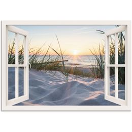 Wandbild Artland "Ostseestrand durchs Fenster" Bilder Gr. B/H: 130 cm x 90 cm, Alu-Dibond-Druck Meer Bilder Querformat, 1 St., beige (naturfarben) Kunstdrucke als Alubild, Outdoorbild, Leinwandbild, Poster, Wandaufkleber