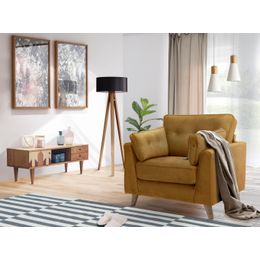Sessel Home Affaire "Copenhagen", gold, B:92cm H:88cm T:87cm, Struktur weich (100% Polyester);Samtoptik (100% Polyester), Sessel, Einzelsessel, feiner Keder, Kopfheftung im Rücken und Armlehnkissen
