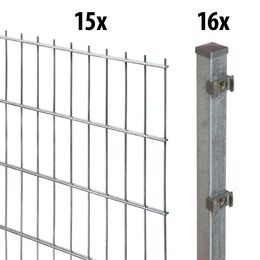 GARDEN 'N' MORE Doppelstabmattenzaun "Standard" Zaunelemente 15 Elemente für 30 m, LxH: 200 x 103 cm, mit 16 Pfosten Gr. H/L: 100 cm x 30 m, Pfosten: 16 St., grau (feuerverzinkt)