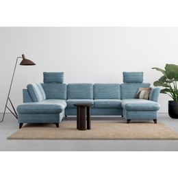 Wohnlandschaft Home Affaire "Trelleborg U-Form", blau (blau, grau), B:307cm H:86cm T:213cm, 100% Polyester, Sofas, Wohnlandschaft, wahlweise mit Bettfunktion und Bettkasten, inkl. Federkern-Polsterung