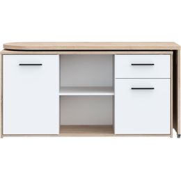 Schreibtisch FORTE "Aliklia" Tische Gr. B/H/T: 232 cm x 74,1 cm x 50 cm, weiß (sonoma eiche, weiß, sonoma eiche) multifunktional, Tischplatte ausschwenkbar, mit Rollen, Sideboard