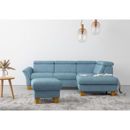 Ecksofa Home Affaire "Lindgren L-Form", blau (eisblau), B:249cm H:84cm T:217cm, 100% Polyester, Sofas, Ecksofa, wahlweise mit TV-Funktion, Stauraum und Kopfteilverstellung