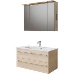 Badmöbel-Set SAPHIR "Serie 6025 2-teilig Mineralmarmor-Waschtisch mit LED-Spiegelschrank", braun (polar pinie quer nb), B:97cm H:200cm T:48cm, Spanplatte, Kastenmöbel-Sets, Waschplatz 97 cm breit, 2 Schubladen, 3 Spiegel-Türen, inkl Türdämpfer