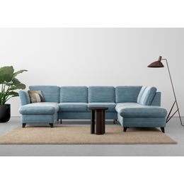 Wohnlandschaft Home Affaire "Trelleborg U-Form", blau (blau, grau), B:307cm H:86cm T:213cm, 100% Polyester, Sofas, Wohnlandschaft, wahlweise mit Bettfunktion und Bettkasten, inkl. Federkern-Polsterung