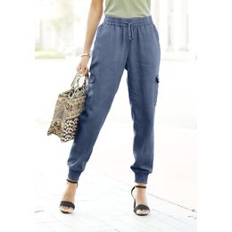 Schlupfhose Lascana Gr. 34, N-Gr, blau (denim, blue) Damen Hosen in Denim-Optik mit Cargotaschen, leicht und luftig