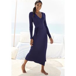 Strickkleid Lascana "-Loungekleid" Gr. 32/34, N-Gr, blau (marine) Damen Kleider Langarm zum wickeln mit Taillengürtel, Loungewear