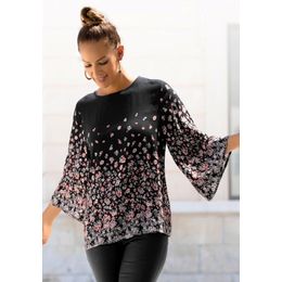 Druckbluse Lascana Gr. 46, bunt (schwarz, bedruckt) Damen Blusen Schlupfbluse mit Blumendruck und Trompetenärmel, Blusenshirt, elegant