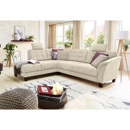 Ecksofa Home Affaire "Trondheim L-Form", beige (creme), B:260cm H:89cm T:214cm, Struktur fein (100% Polyester);Flachgewebe (100% Polyester);Luxus-Microfaser (90% Polyester, 10% Polyamid), Sofas, Ecksofa, mit Federkern und Knopfheftung im R&uuml;cken, F&uuml;&szlig;e Buche dunkel