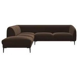 Ecksofa FLEXLUX "Belle Designsofa, L-Form, B/T 268/209 cm" Sofas Gr. B/H/T: 268cm x 74cm x 209cm, Velvet, lange Ottomane links, braun (tobacco) Skandinavisches Design, In hochwertiger Verarbeitung